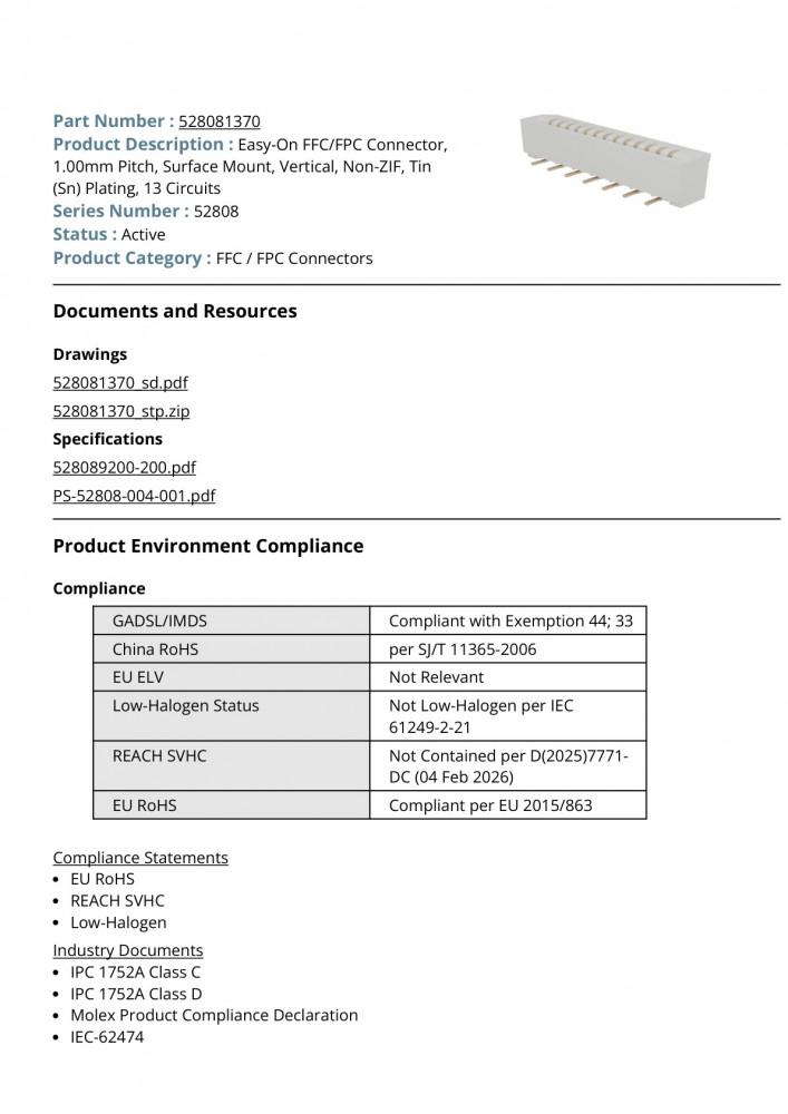 MOLEX 528081370 technical document page 1