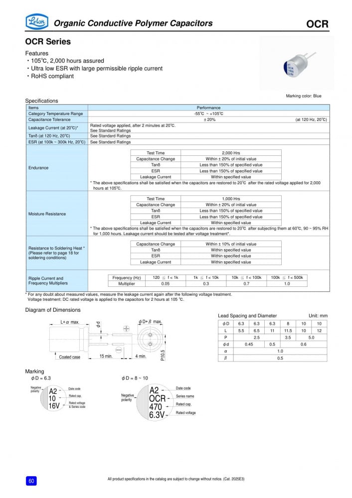 Lelon OCR series technical datasheet page 1