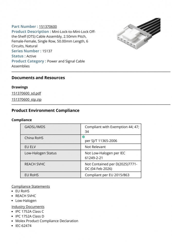 MOLEX 151370600 product documentation, page 1