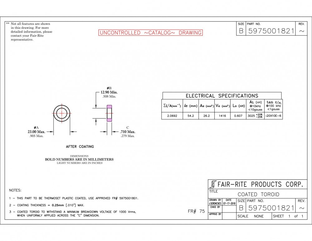 Fair-Rite 5975001821 coated toroid drawing