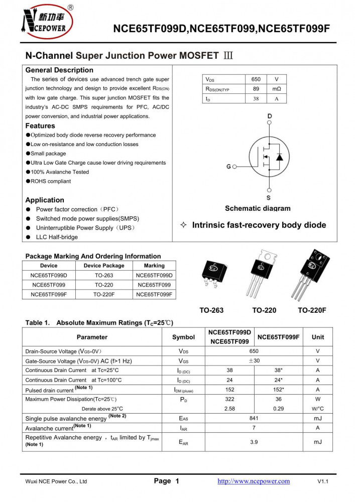 NCE65TF099F datasheet page 1