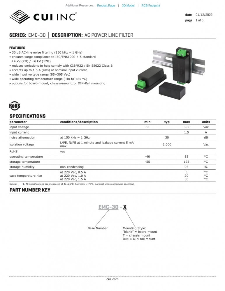 CUI EMC-30 datasheet page 1