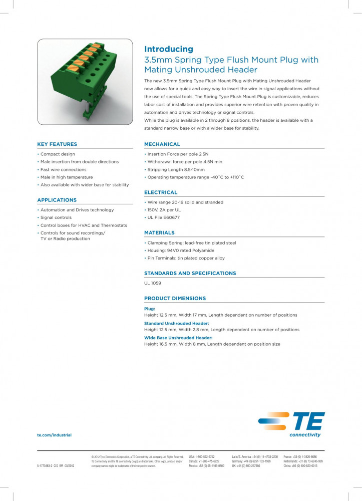 TE Connectivity 3.5 mm spring-type connector brochure page 1