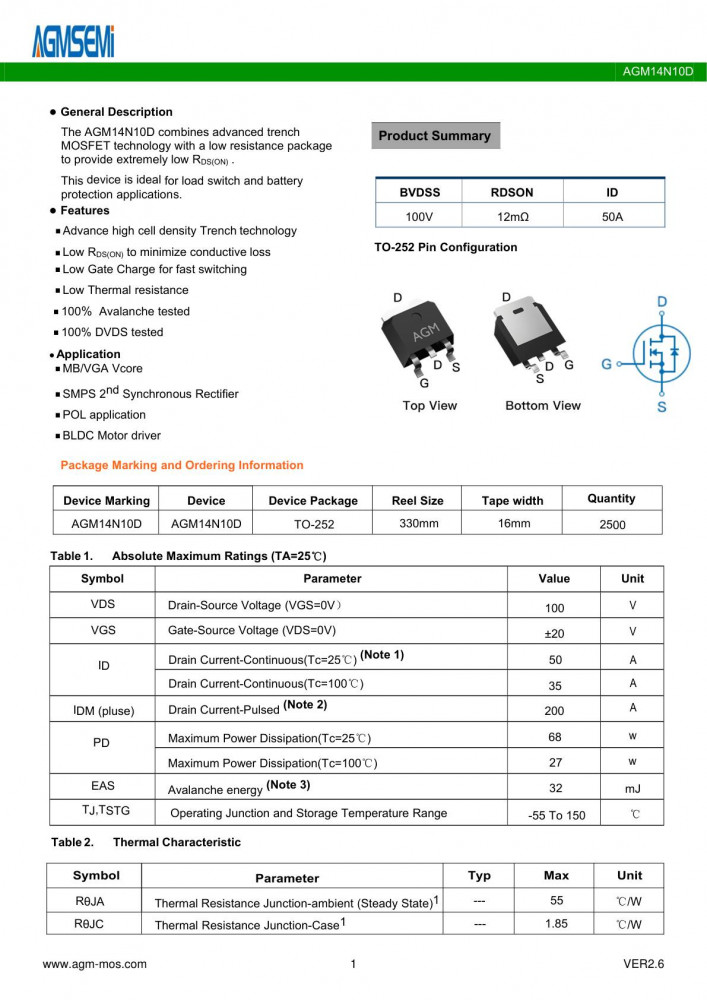 AGM14N10D datasheet page 1