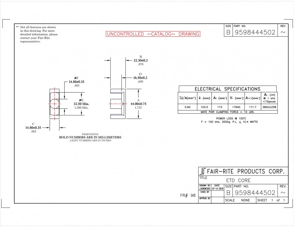 Fair-Rite 9598444502 ETD core drawing