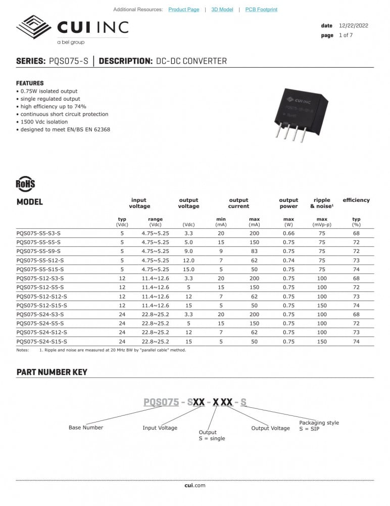 CUI PQS075-S24-S5-S datasheet page 1