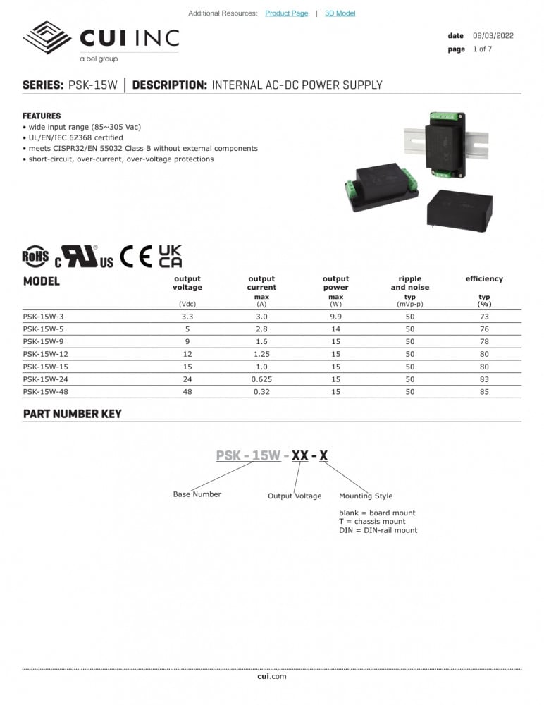 CUI PSK-15W series datasheet page 1
