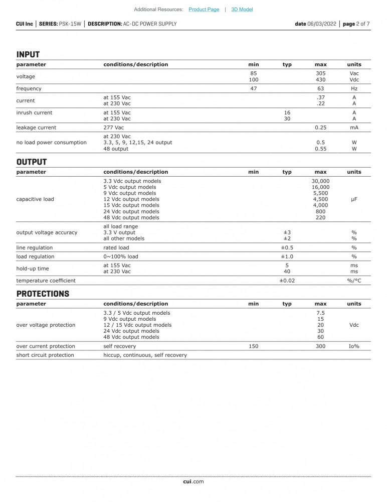 CUI PSK-15W series datasheet page 2
