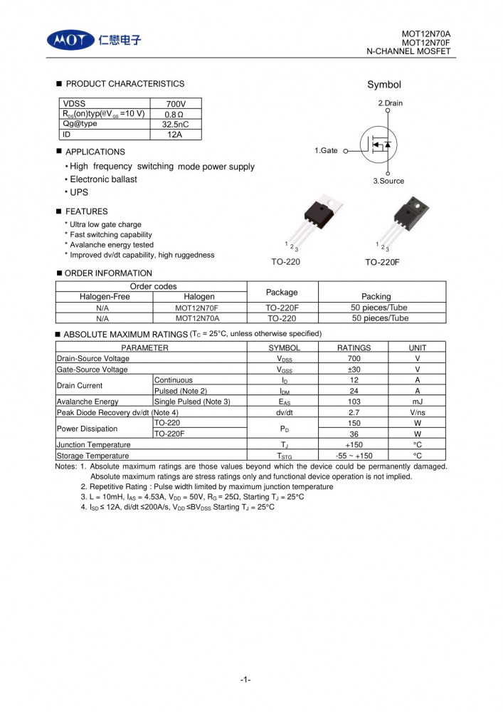 MOT12N70F datasheet page 1