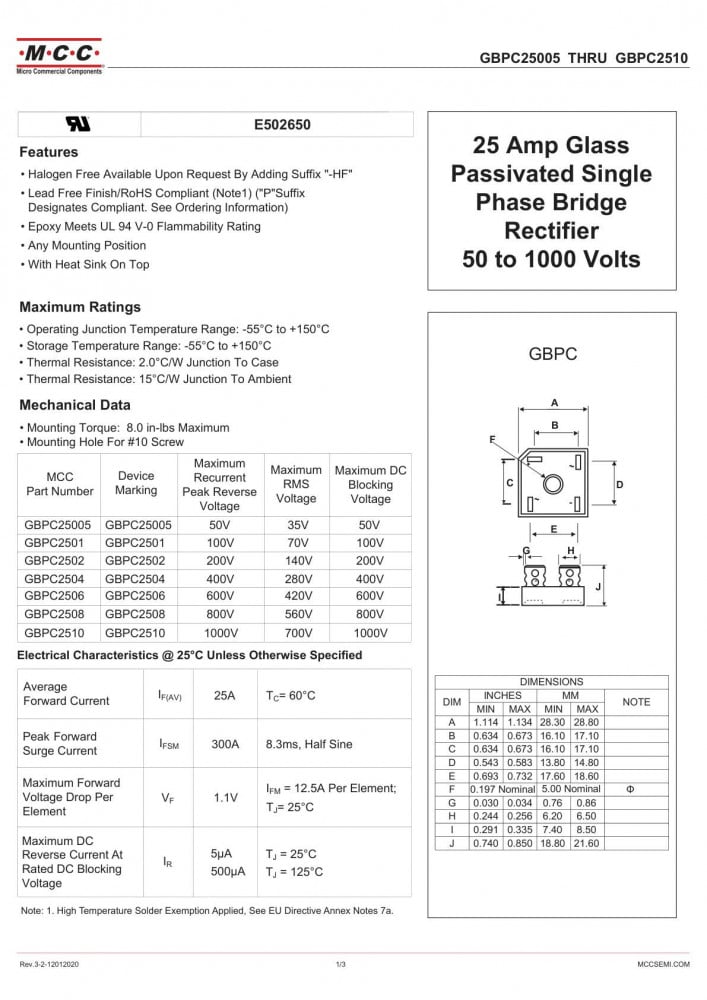 GBPC2506-BP datasheet page 1
