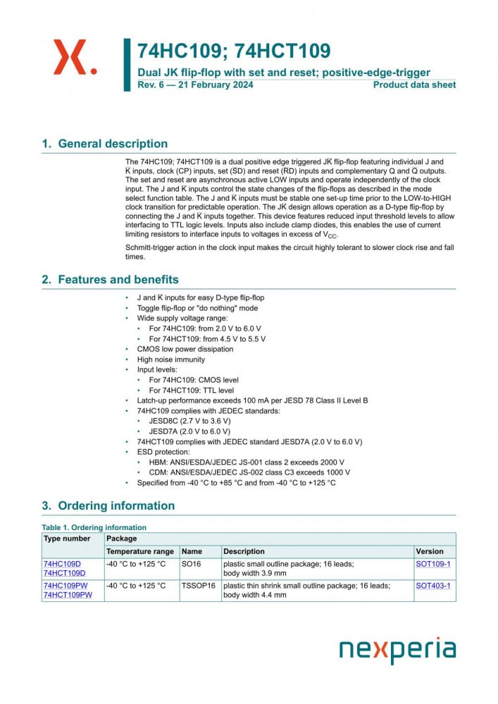 74HC109 datasheet page 1