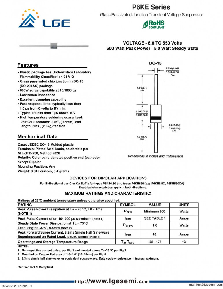 LGE P6KE series datasheet page 1