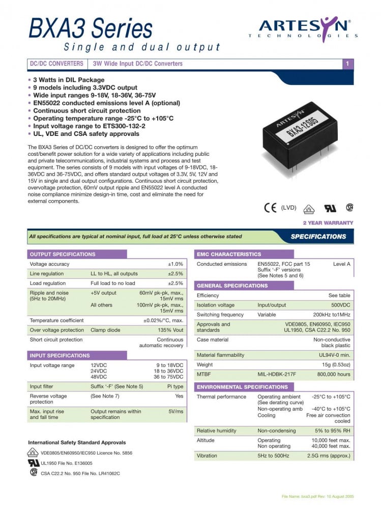 Artesyn BXA3 series datasheet page 1
