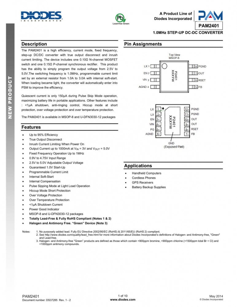 PAM2401 datasheet page 1
