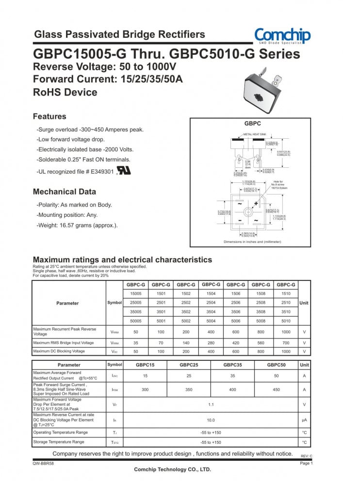 Comchip GBPC1501-G datasheet page 1
