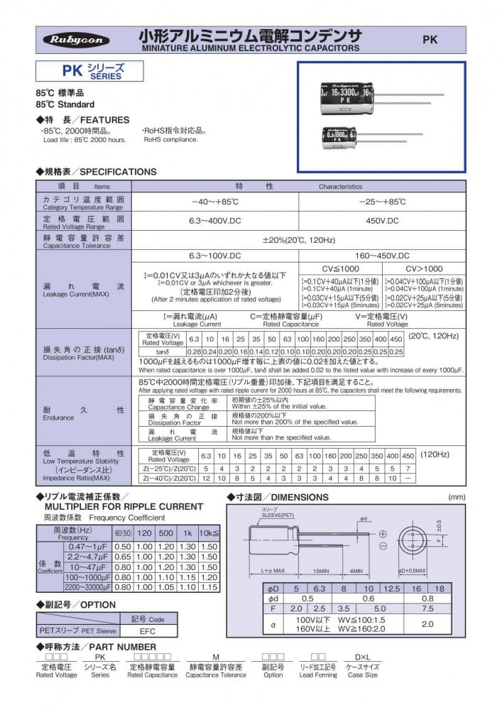 Rubycon PK Series datasheet page 1