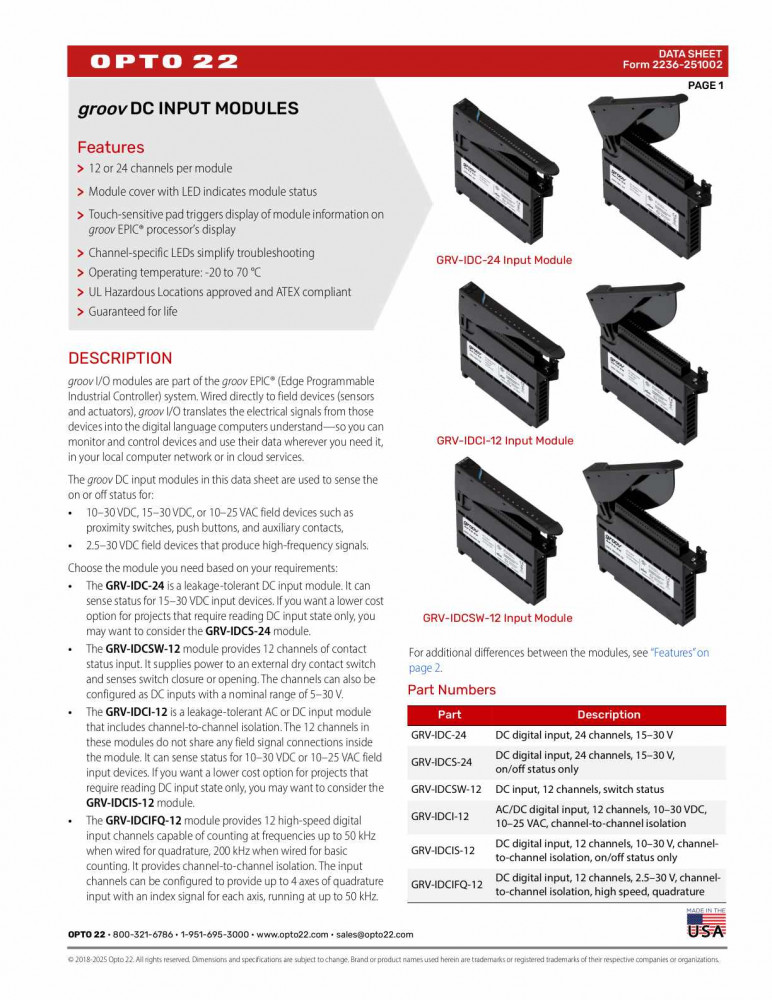 OPTO 22 groov DC input modules datasheet, page 1