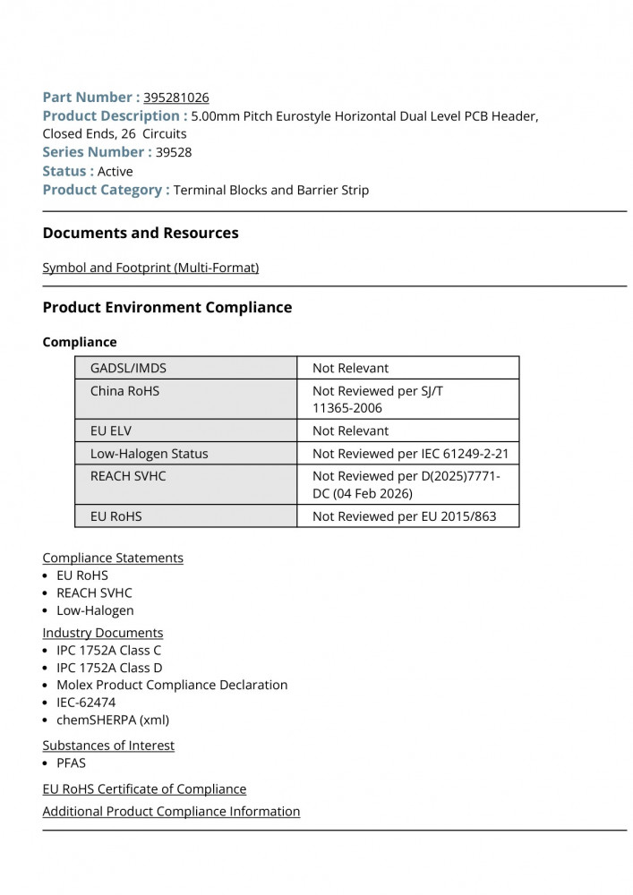 Product document page 1 for MOLEX 395281026