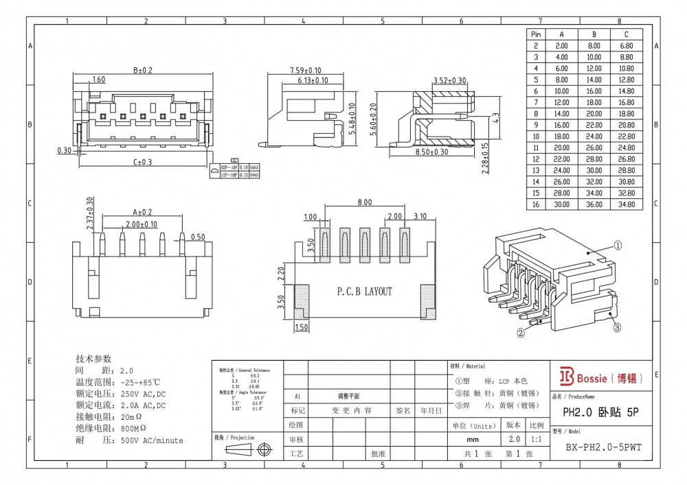 BX-PH2.0-5PWT technical drawing page