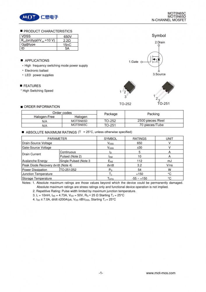 MOT5N65C datasheet page 1