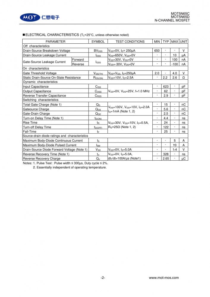 MOT5N65C datasheet page 2