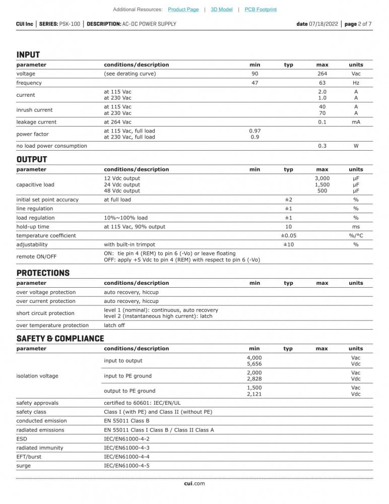 CUI PSK-100 series datasheet page 2