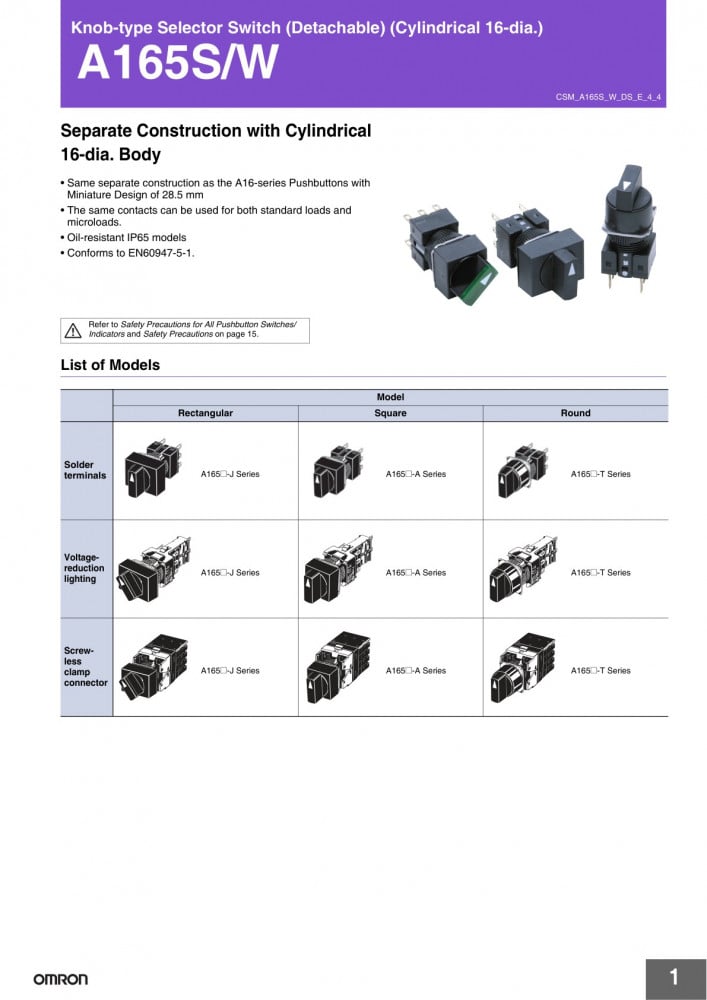 OMRON A165 series datasheet page 1