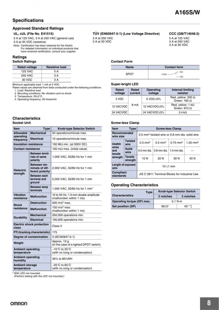 OMRON A165 series datasheet page 8