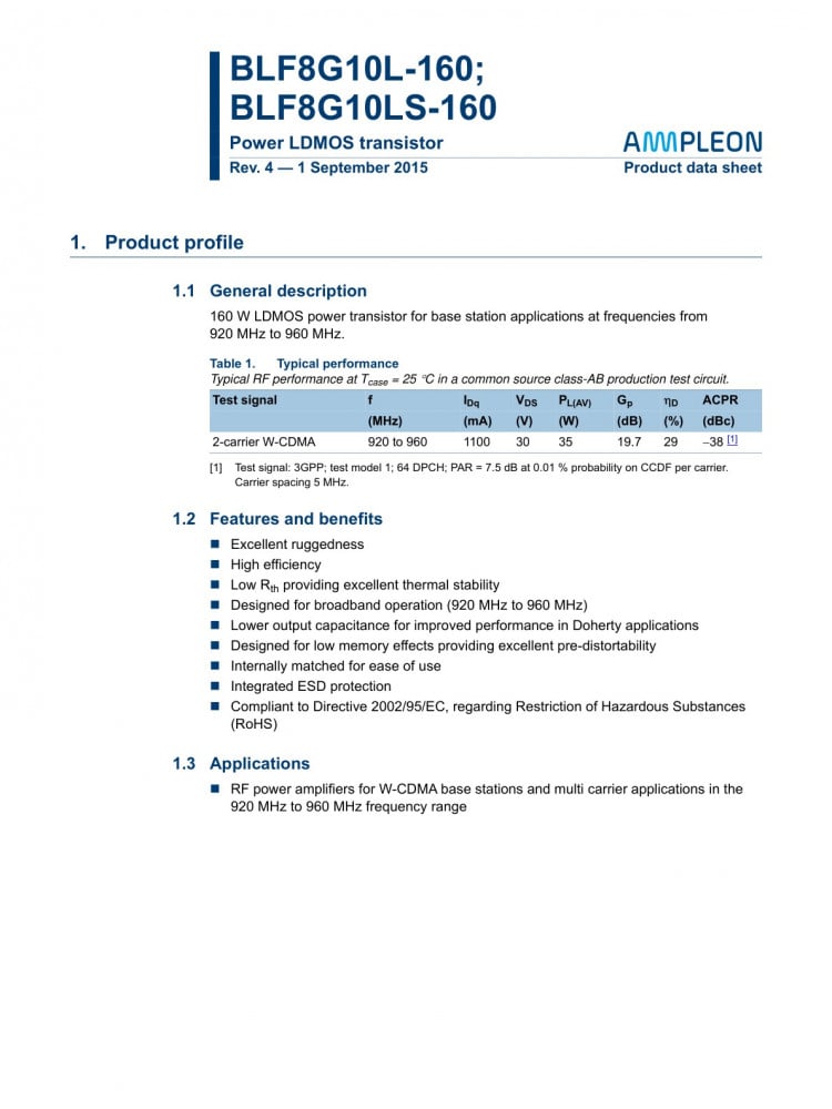 BLF8G10LS-160 datasheet page 1