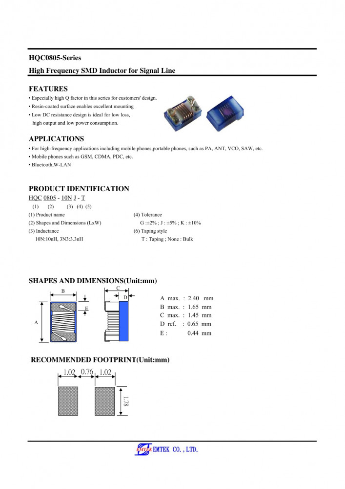 EMTEK HQC0805 series product information page 1