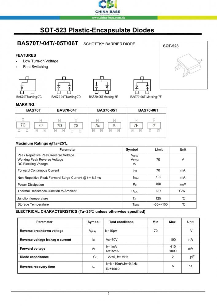 CBI BAS70T datasheet page 1
