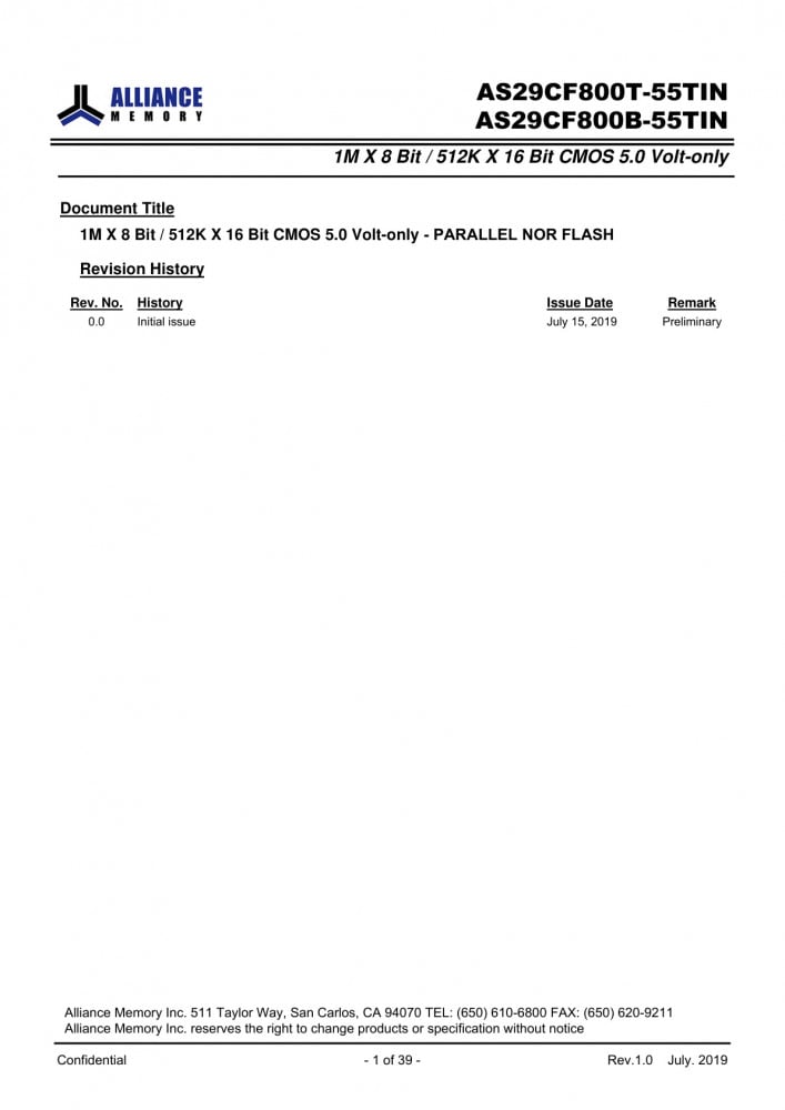 AS29CF800B-55TIN datasheet page 1