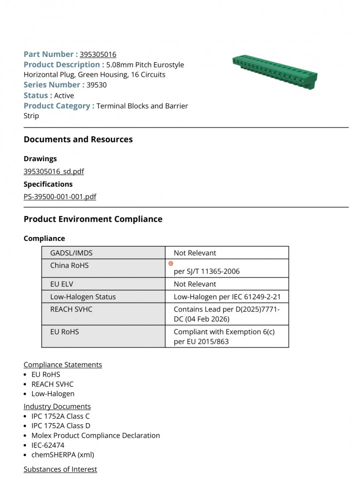 Technical document image 1 for MOLEX 395305016