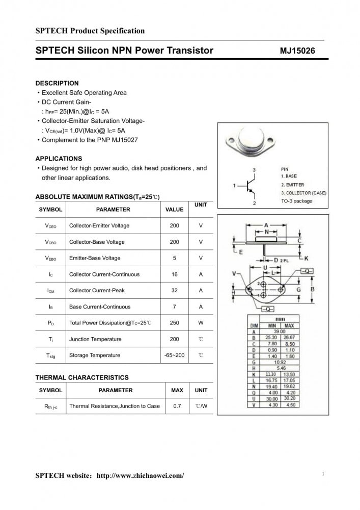MJ15026 datasheet page 1