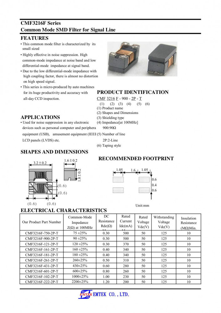 EMTEK CMF3216F series technical document page 1