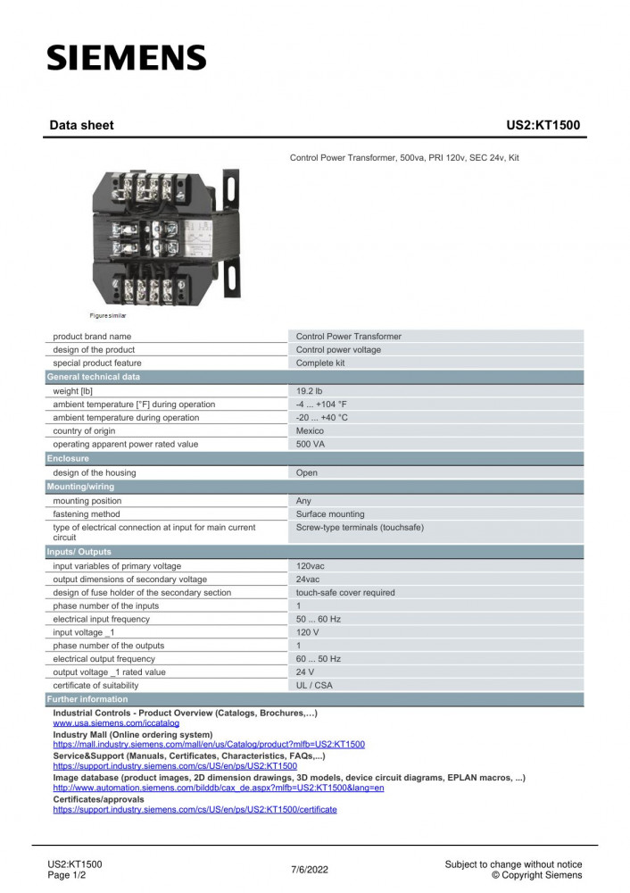 SIEMENS KT1500 datasheet page 1