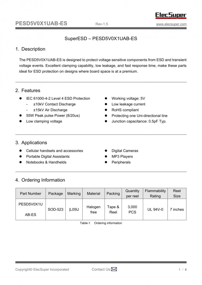 PESD5V0X1UAB-ES datasheet page 1