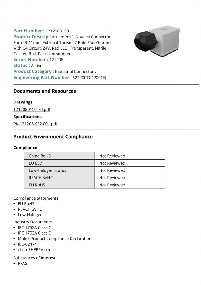 MOLEX S22 DIN valve connector packaging specification page 1