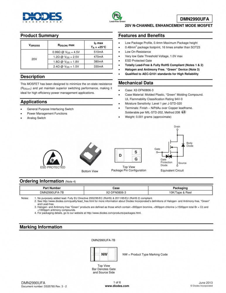 DMN2990UFA-7B technical document page 1