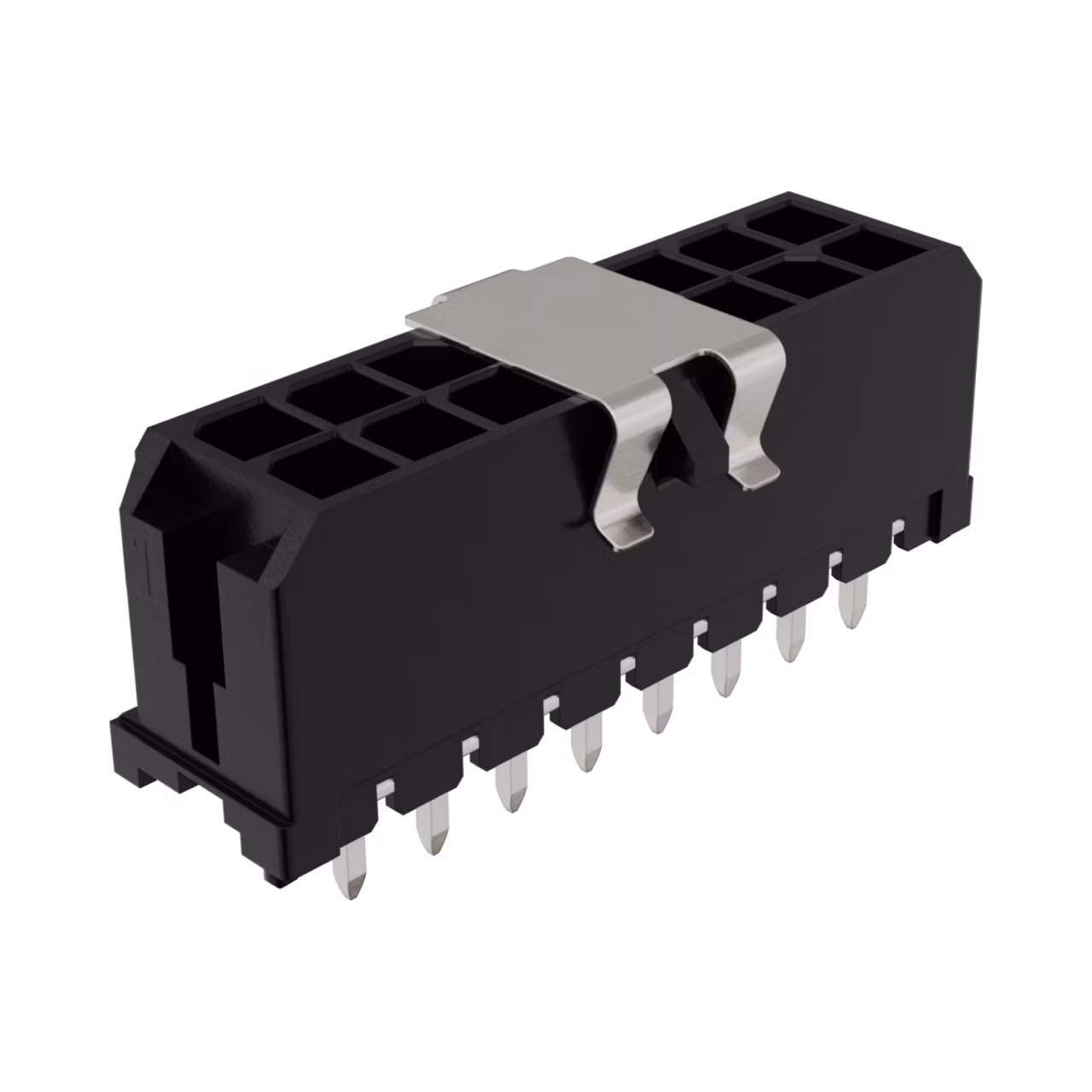 Micro-Fit 3.0 Vertical Header, 3.00mm Pitch, Dual Row, 16 Circuits, Straight Tail, with PCB Polarizing Peg, 0.76µm Gold Plating, Glow-Wire Capable, Black, Tape and Reel, with Pick and Place Cap for sale