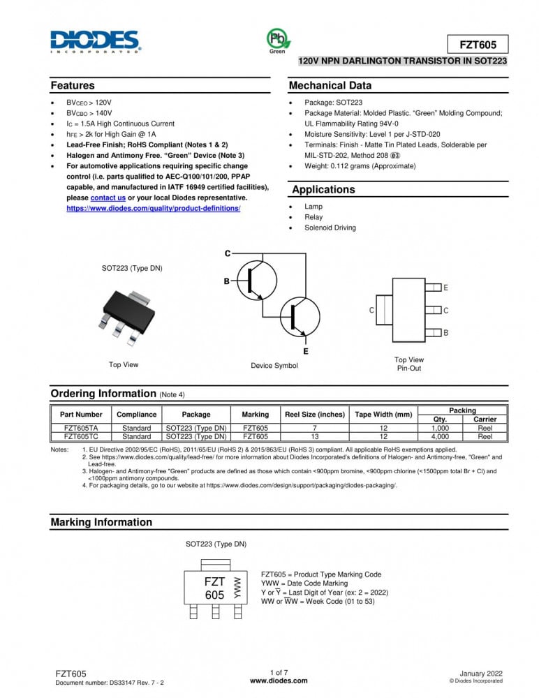 FZT605TA datasheet page 1