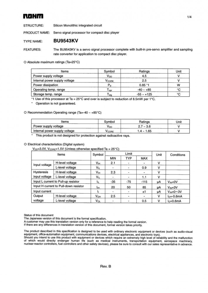 BU9543KV-E2 datasheet page 1