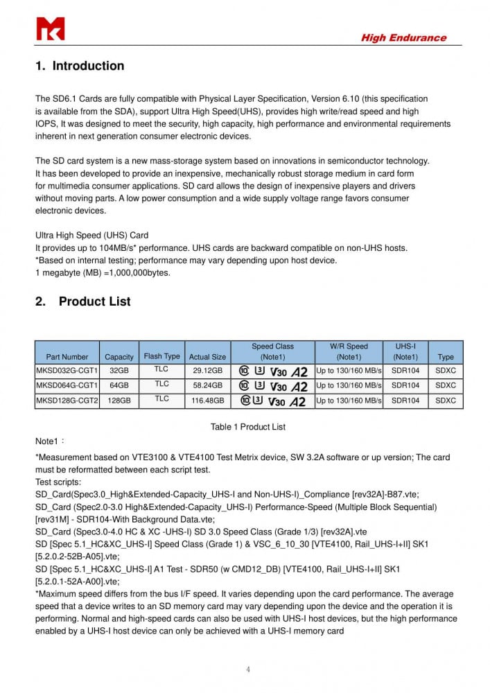 MK SD card datasheet page 4