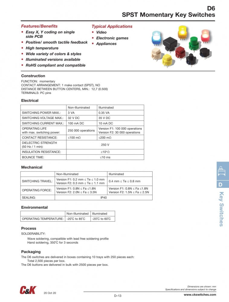 C&K D6 series datasheet page 1