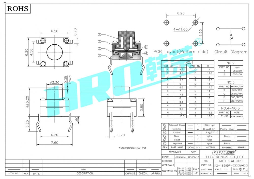 K2-1839DP-G4SW-06 tactile switch technical drawing
