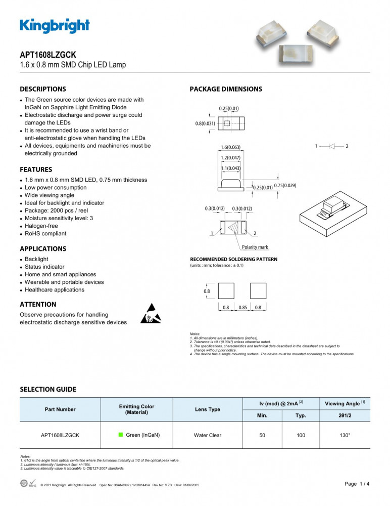APT1608LZGCK datasheet page 1
