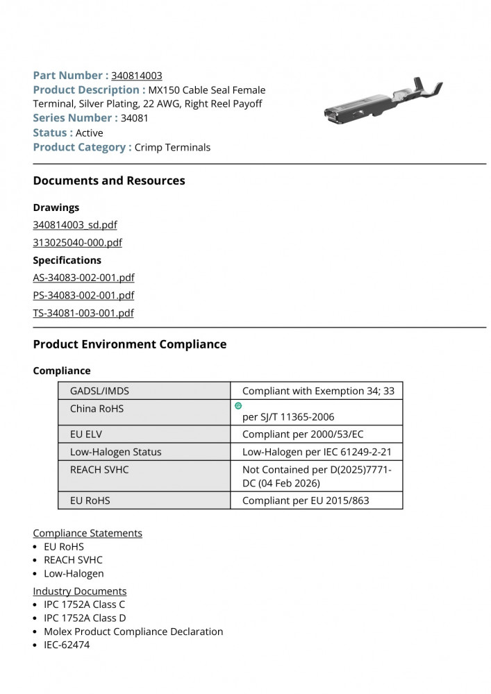 Technical document image 1 for MOLEX 340814003