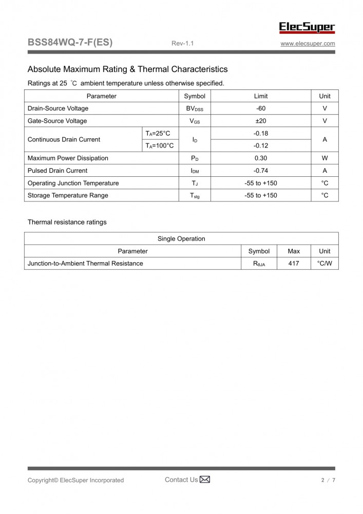 BSS84WQ-7-F(ES) datasheet page 2