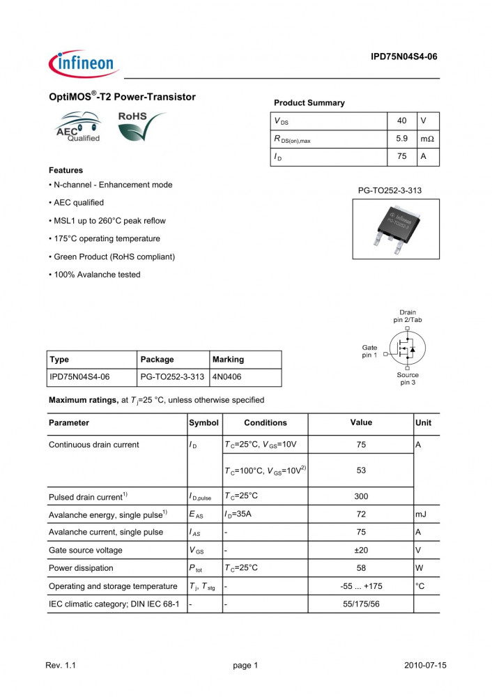 IPD75N04S4-06 datasheet page 1