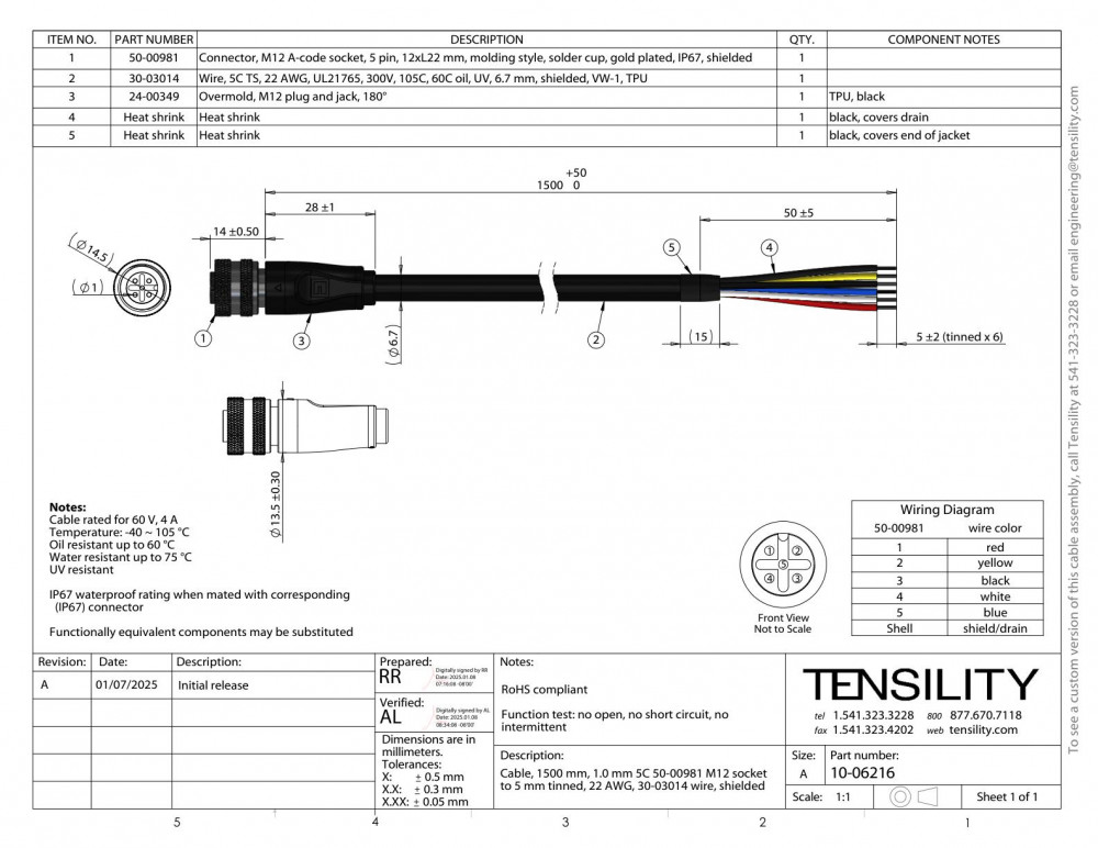 Tensility 10-06216 product drawing and wiring diagram